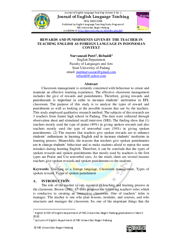 (PDF) Rewards and Punishments Given by the Teacher in Teaching English ...