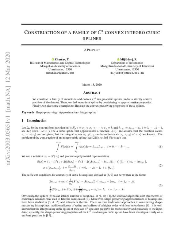 (PDF) Construction of a family of C1 convex integro cubic splines