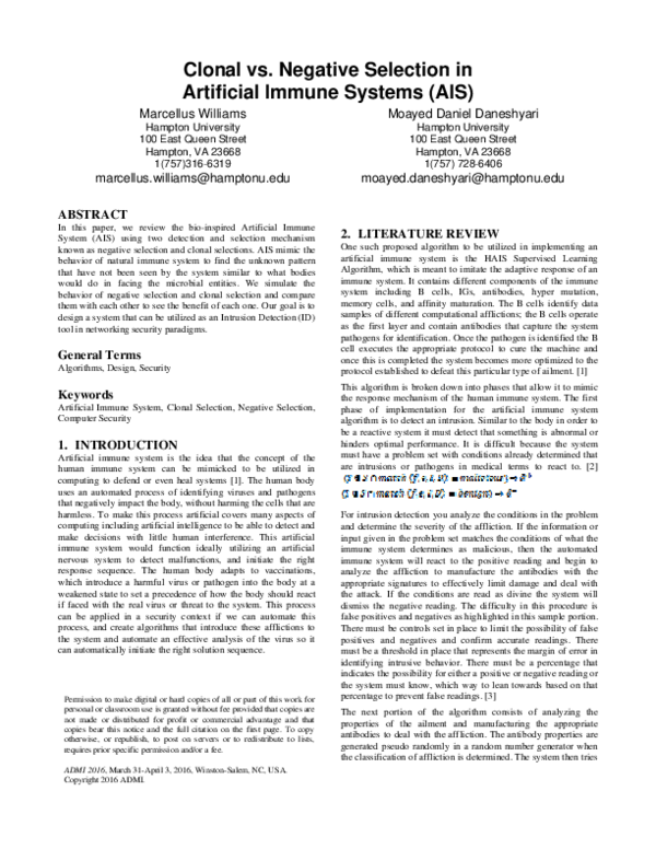 (PDF) Clonal vs . Negative Selection in Artificial Immune Systems ( AIS )