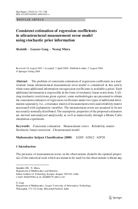 Pdf Consistent Estimation Of Regression Coefficients In Measurement