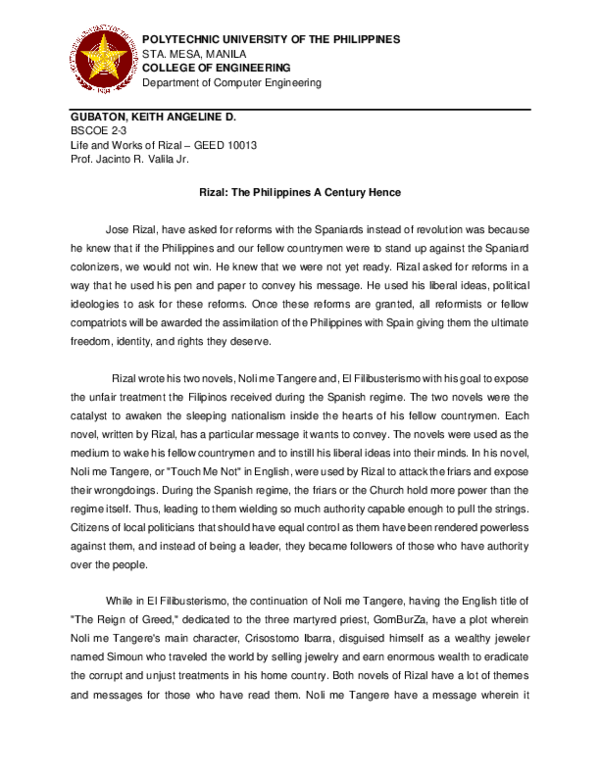 (PDF) Rizal: The Philippines A Century Hence | Reflection Paper