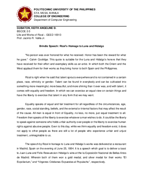 (PDF) Brindis Speech: Rizal's Homage to Luna and Hidalgo | Reflection Paper