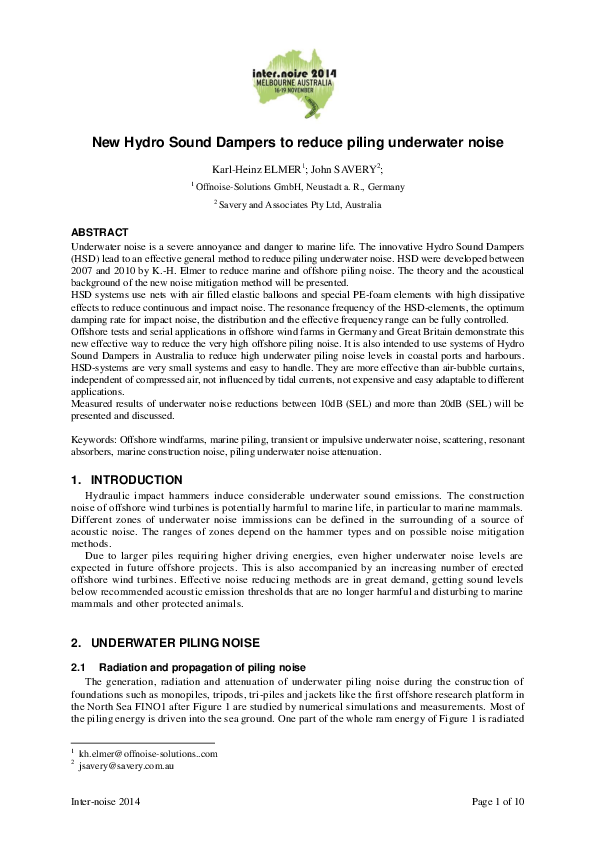 (PDF) New Hydro Sound Dampers to reduce piling underwater noise
