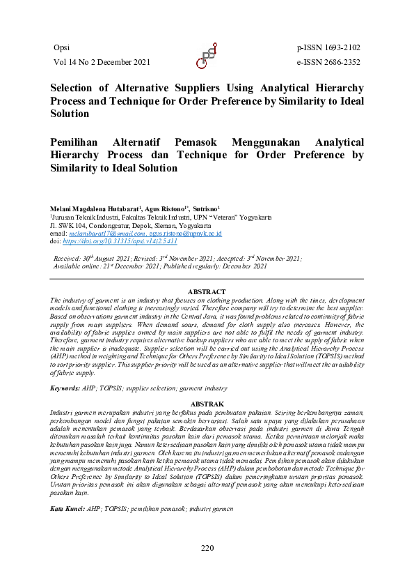 (PDF) Selection of Alternative Suppliers Using Analytical Hierarchy Process dan Technique For ...