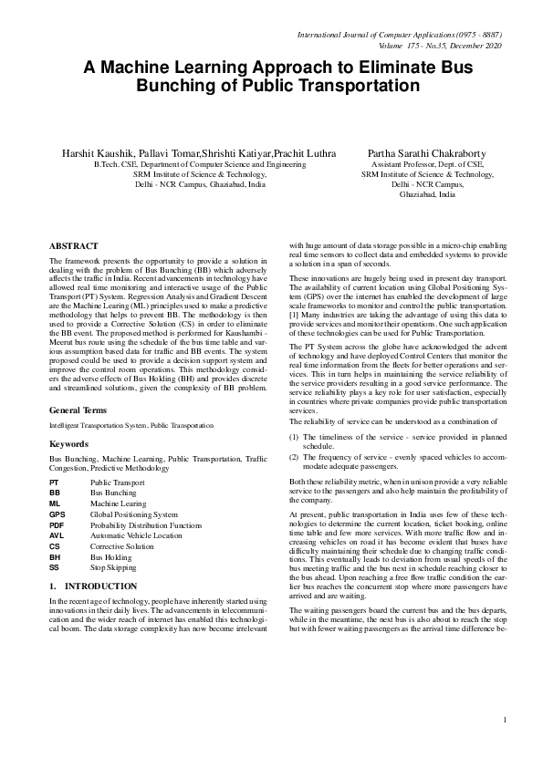 (PDF) A Machine Learning Approach to Eliminate Bus Bunching of Public Transportation