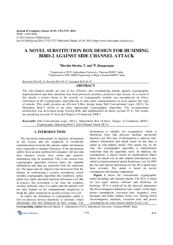 (PDF) A Novel Substitution Box Design for Humming BIRD-2 Against Side Channel Attack