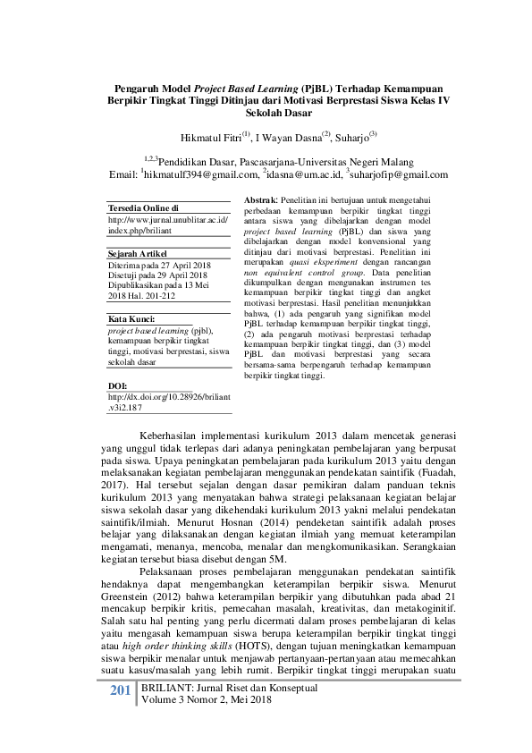 (PDF) Pengaruh Model Project Based Learning (PjBL) Terhadap Kemampuan Berpikir Tingkat Tinggi ...