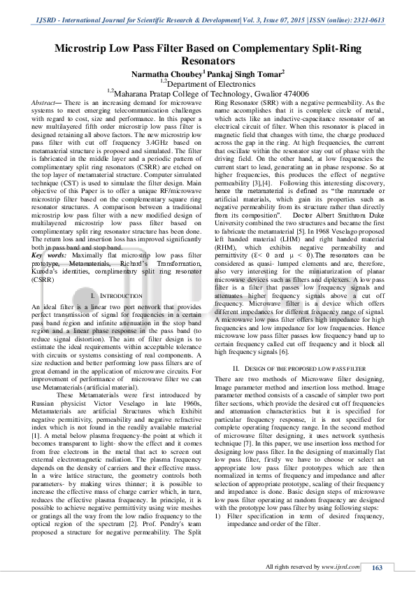 (PDF) Microstrip Low Pass Filter Based on Complementary Split-Ring Resonators