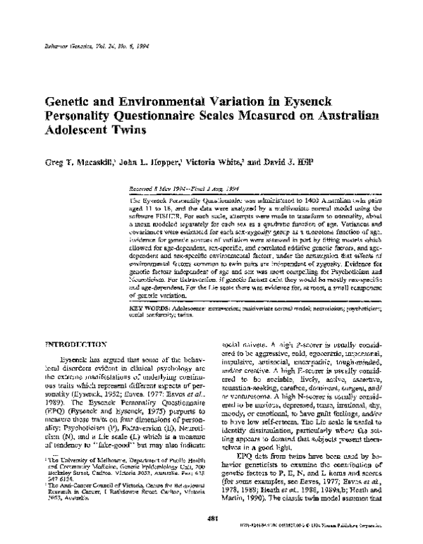 (PDF) Genetic and environmental variation in Eysenck Personality ...