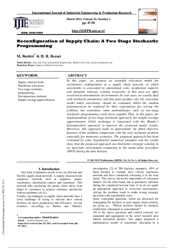 (PDF) Reconfiguration of Supply Chain: A Two Stage Stochastic Programming