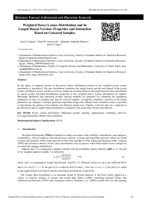 Pdf Weighted Power Lomax Distribution And Its Length Biased Version