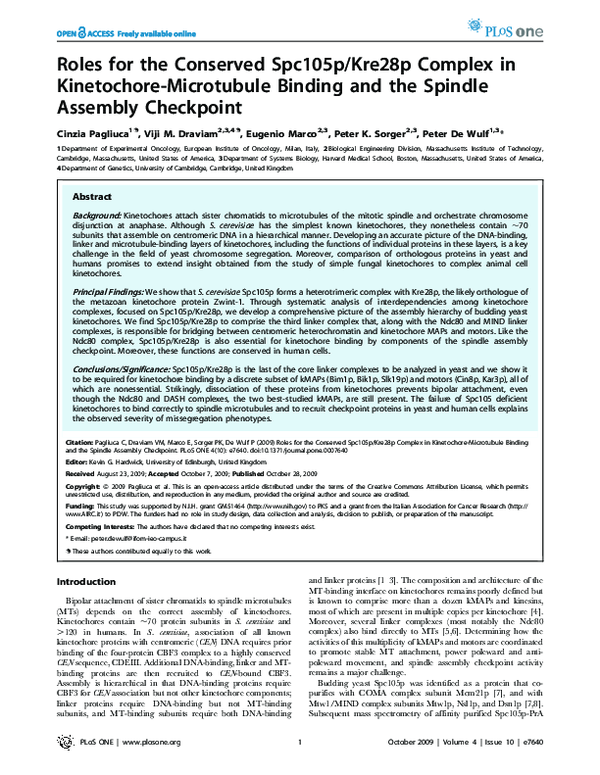 (PDF) Roles for the conserved spc105p/kre28p complex in kinetochore ...