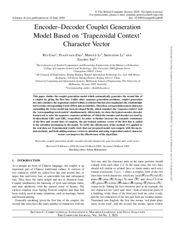 (PDF) Encoder-Decoder Couplet Generation Model Based on 'Trapezoidal ...