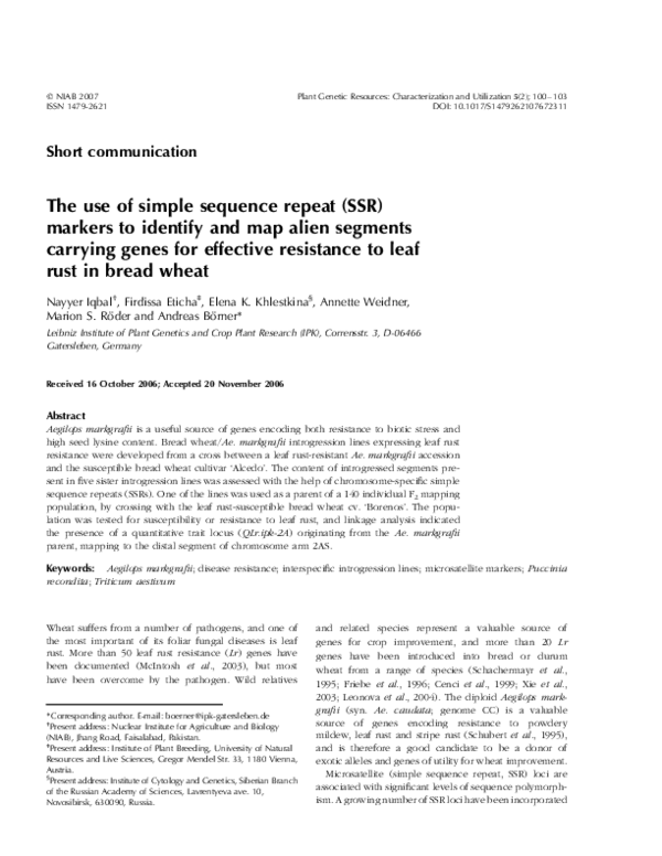 (PDF) The use of simple sequence repeat (SSR) markers to identify and map alien segments ...