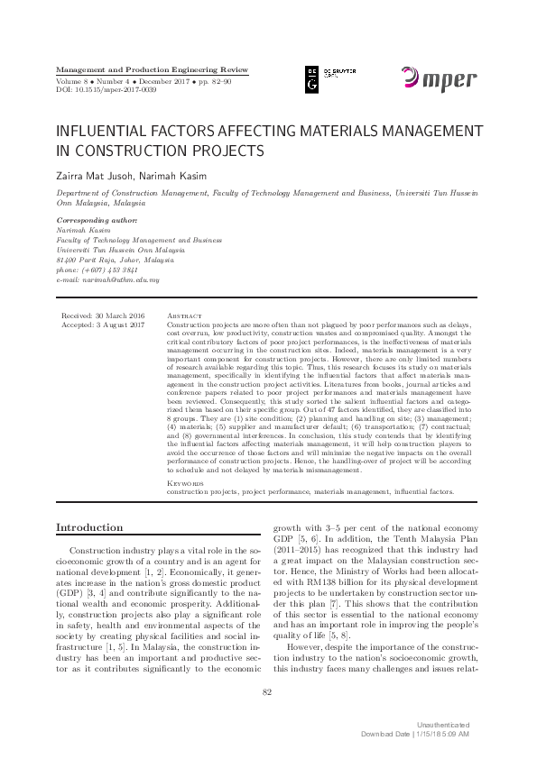 (PDF) Influential Factors Affecting Materials Management in Construction Projects