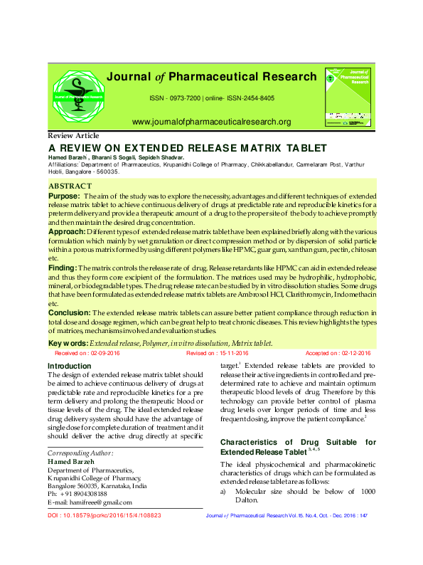 (PDF) A Review on Extended Release Matrix Tablet