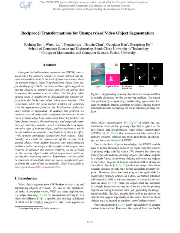 (PDF) Reciprocal Transformations for Unsupervised Video Object Segmentation