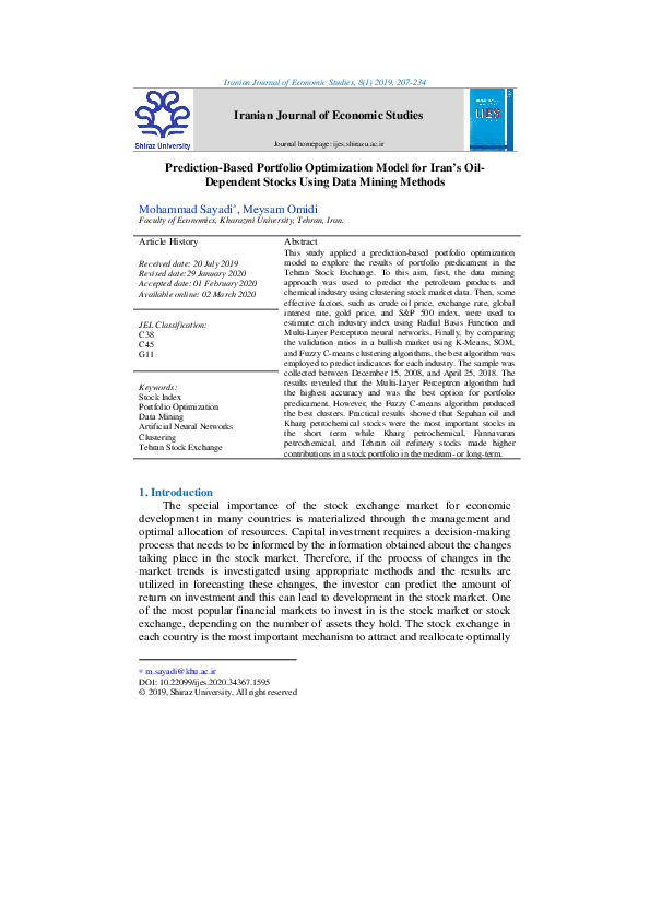 (PDF) Prediction-Based Portfolio Optimization Model for Iran’s Oil Dependent Stocks Using Data ...