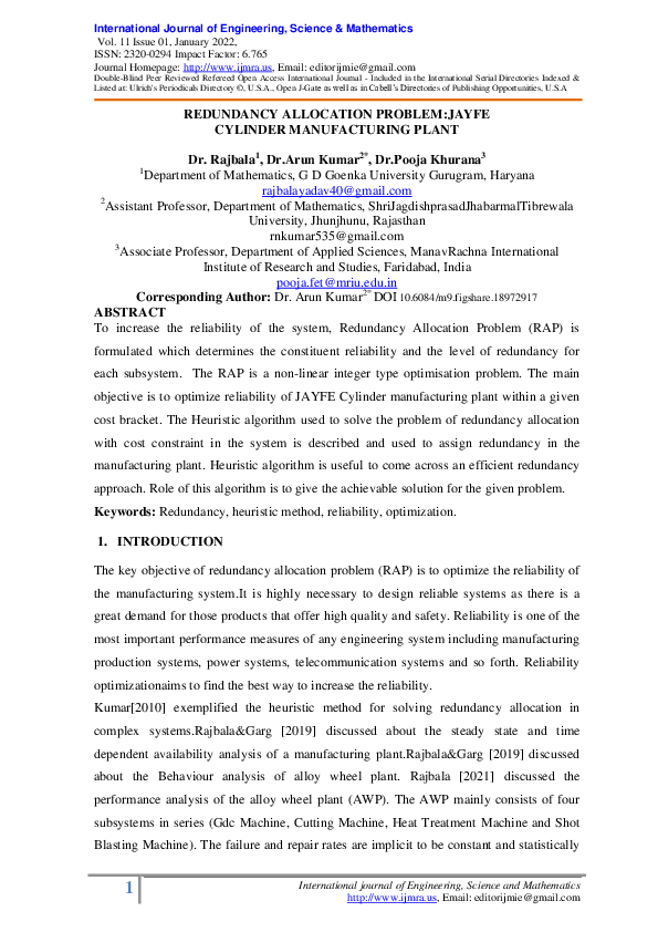 (PDF) REDUNDANCY ALLOCATION PROBLEM:JAYFE CYLINDER MANUFACTURING PLANT (PDF) REDUNDANCY ALLOCATION PROBLEM:JAYFE CYLINDER MANUFACTURING PLANT
