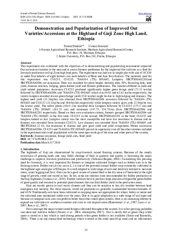 (PDF) Demonstration and Popularization of Improved Oat Varieties/Accessions at the Highland of ...