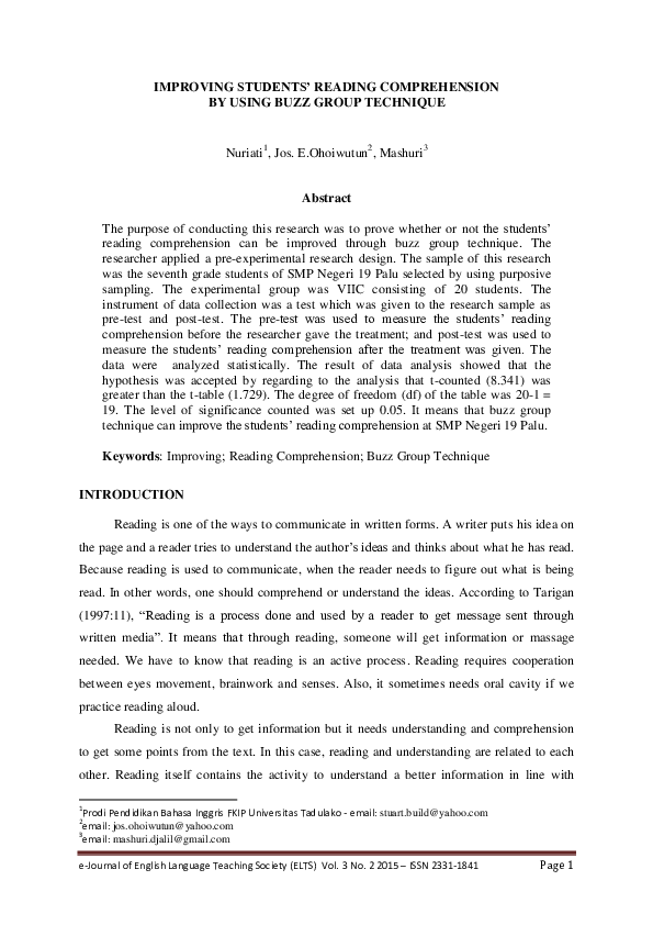 (PDF) Improving Students' Reading Comprehension By Using Buzz Group Technique