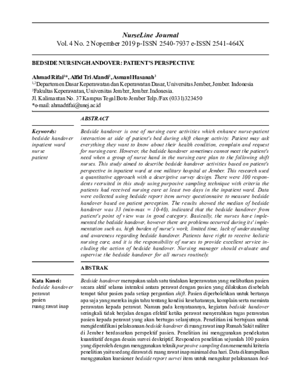 (PDF) Bedside Nursing Handover: Patient’s Perspective