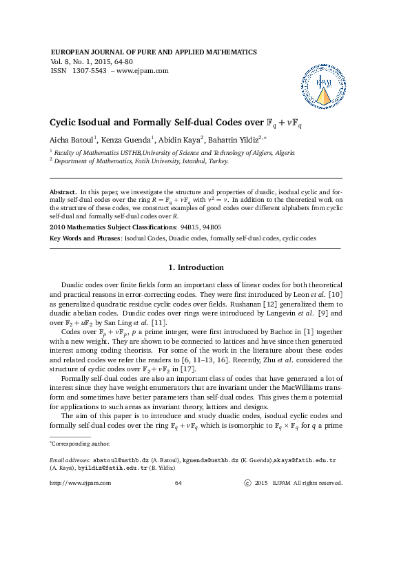 (PDF) Cyclic Isodual and Formally Self-dual Codes over F_q+vF_q