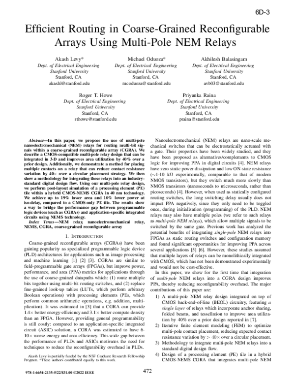 Pdf Efficient Routing In Coarse Grained Reconfigurable Arrays Using Multi Pole Nem Relays