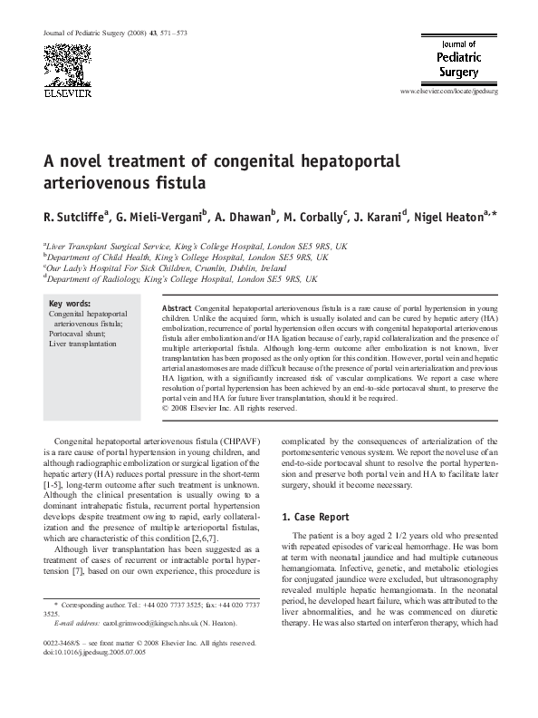 (PDF) A novel treatment of congenital hepatoportal arteriovenous fistula