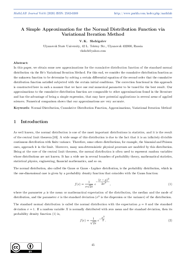 (PDF) A Simple Approximation for the Normal Distribution Function via Variational Iteration Method