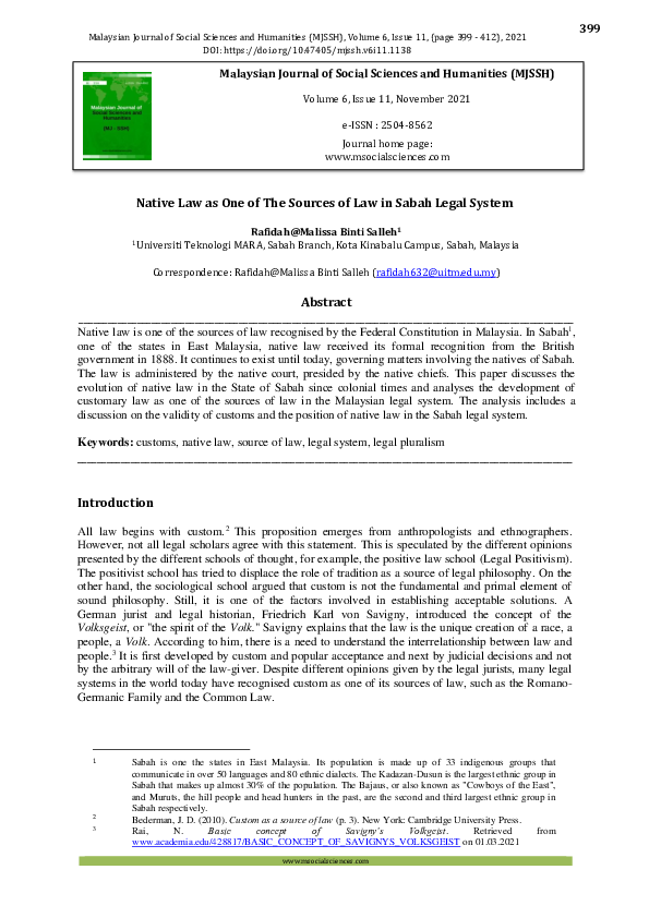 (PDF) Native Law as One of The Sources of Law in Sabah Legal System