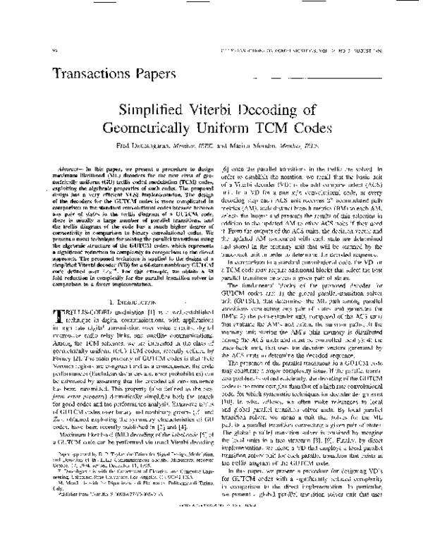 Pdf Simplified Viterbi Decoding Of Geometrically Uniform Tcm Codes Marina Mondin 