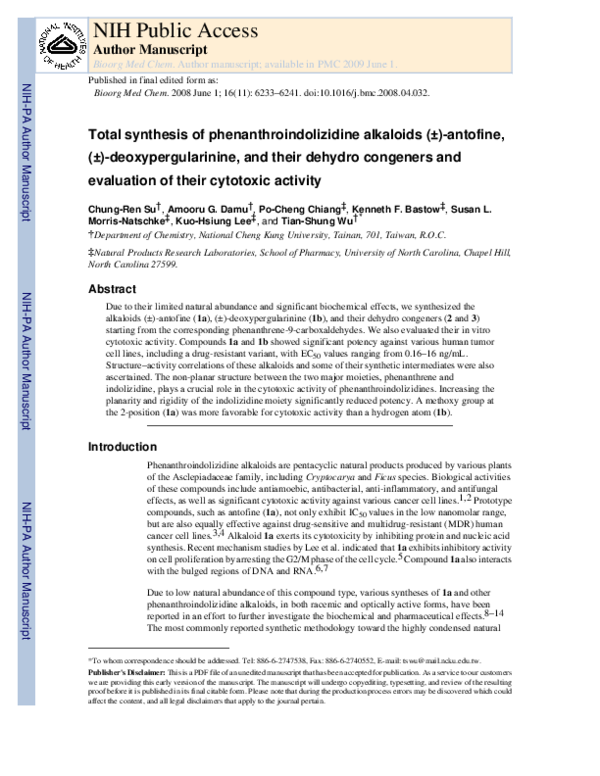 (PDF) Total synthesis of phenanthroindolizidine alkaloids (±)-antofine ...