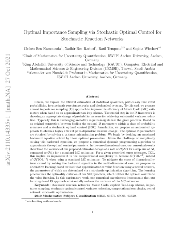 Pdf Optimal Importance Sampling Via Stochastic Optimal Control For Stochastic Reaction Networks