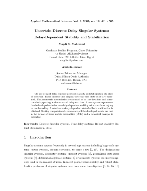 (PDF) Uncertain Discrete Delay Singular Systems: Delay-Dependent Stability and Stabilization