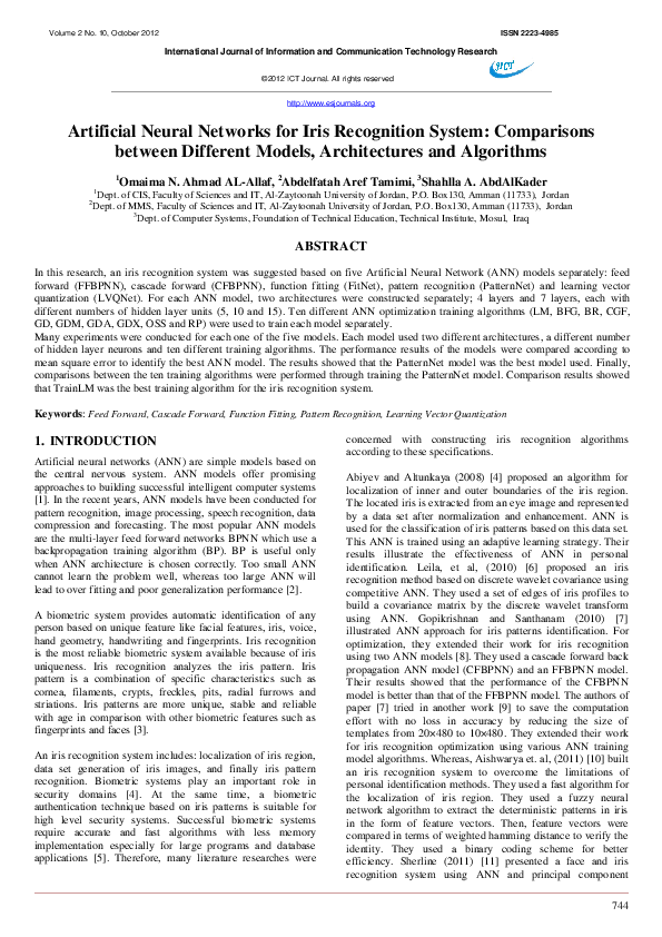 (PDF) Artificial Neural Networks for Iris Recognition System: Comparisons between Different ...
