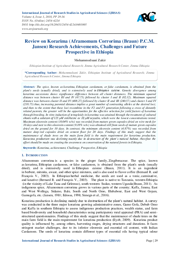 (PDF) Review on Korarima (Aframomum Corrorima (Braun) P.C.M. Jansen ...