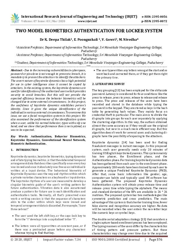 (PDF) Two Model Biometrics Authentication for Locker System