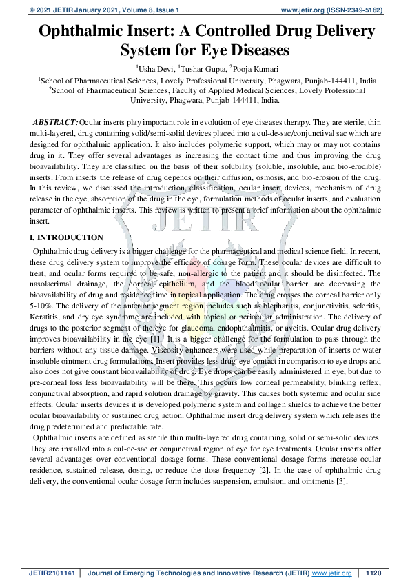 (PDF) Ophthalmic Insert: A Controlled Drug Delivery System for Eye Diseases