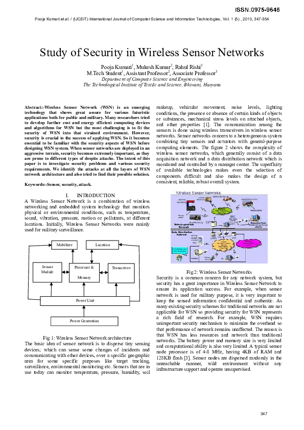 (PDF) Study of Security in Wireless Sensor Networks | Pooja Kumari - Academia.edu