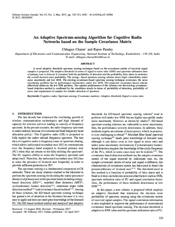 Pdf An Adaptive Spectrum Sensing Algorithm For Cognitive Radio Networks Based On The Sample 5423