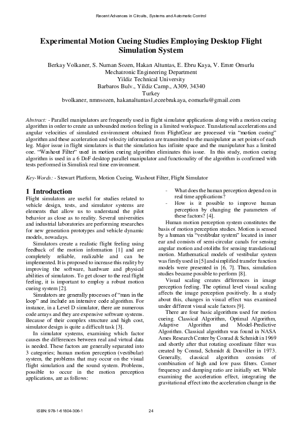 (PDF) Experimental Motion Cueing Studies Employing Desktop Flight Simulation System | Berkay ...