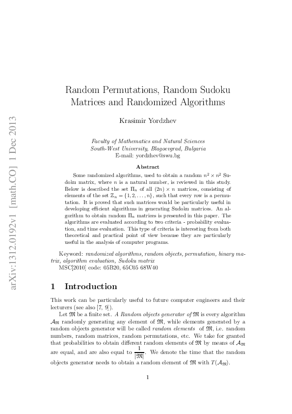 (PDF) Random Permutations, Random Sudoku Matrices and Randomized Algorithms (PDF) Random Permutations, Random Sudoku Matrices and Randomized Algorithms