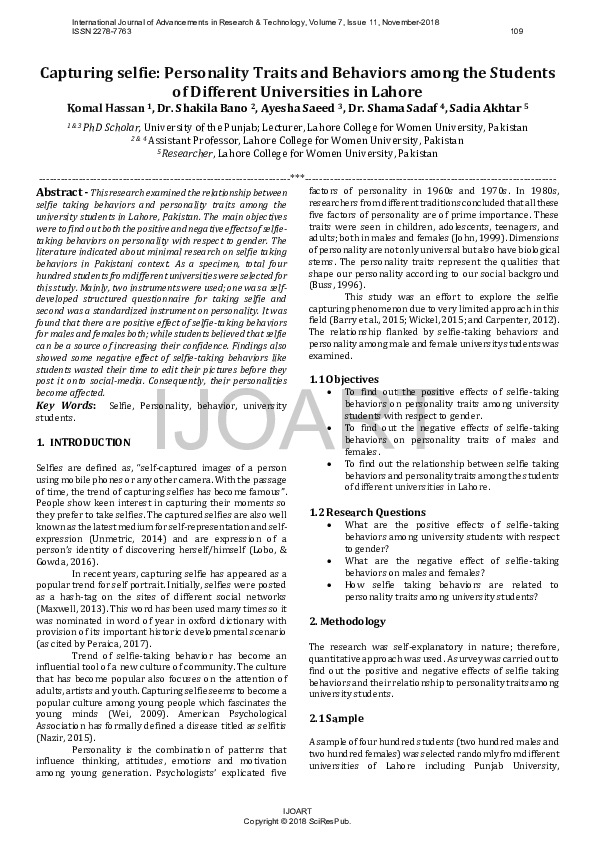 (PDF) Capturing selfie: Personality Traits and Behaviors among the ...