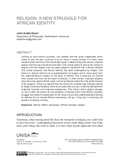 (PDF) Religion: A New Struggle for African Identity