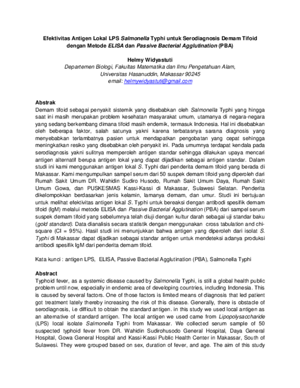 (PDF) Efektivitas Antigen Lokal LPS Salmonella Typhi untuk Serodiagnosis Demam Tifoid dengan ...