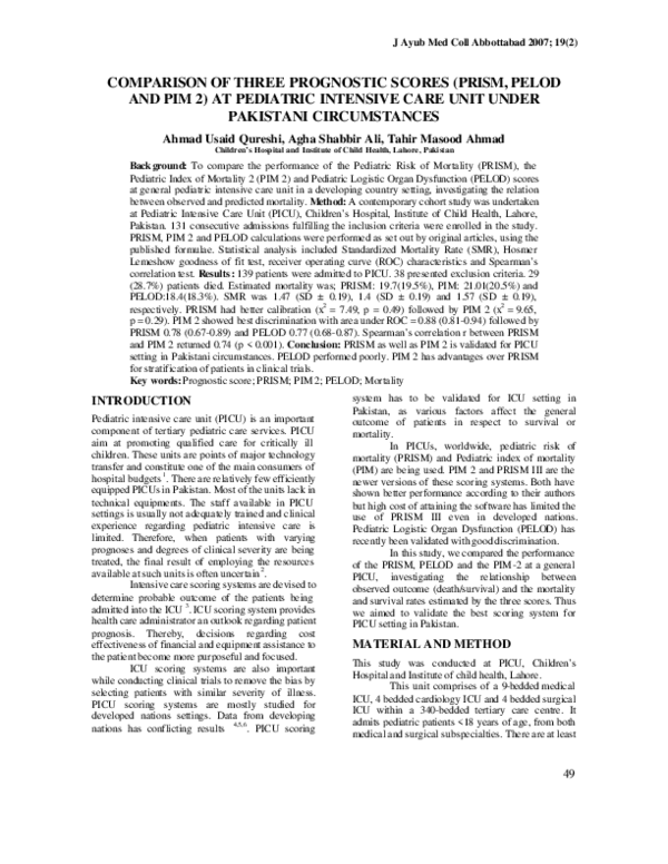 (PDF) Comparison of Three Prognostic Scores (PRISM, PELOD and PIM 2) at ...