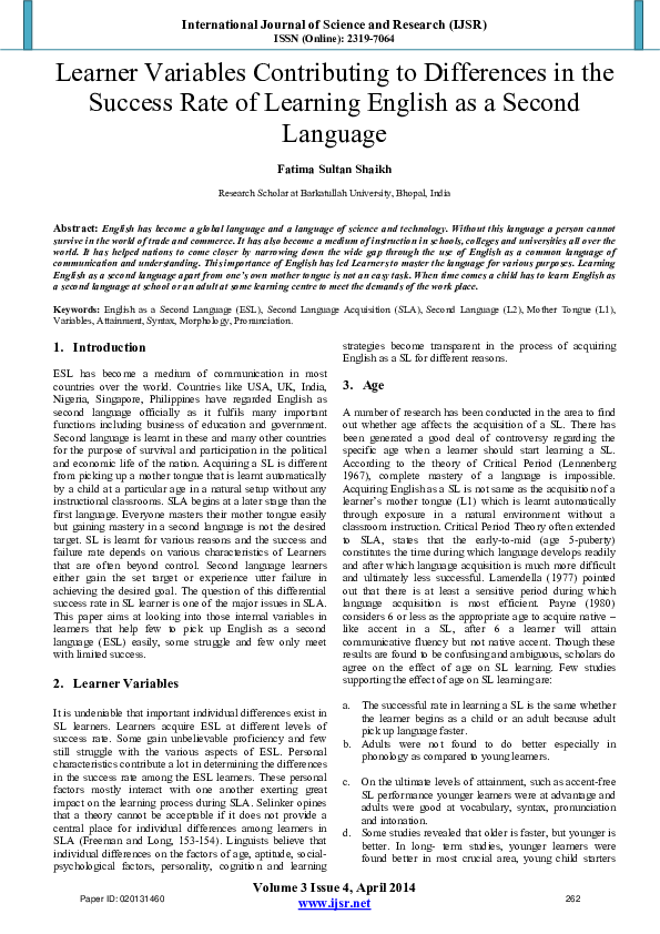 (PDF) Learner Variables Contributing to Differences in the Success Rate of Learning English as a ...