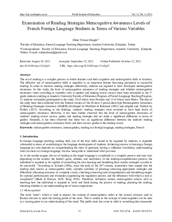 (PDF) Examination of Reading Strategies Metacognitive Awareness Levels ...