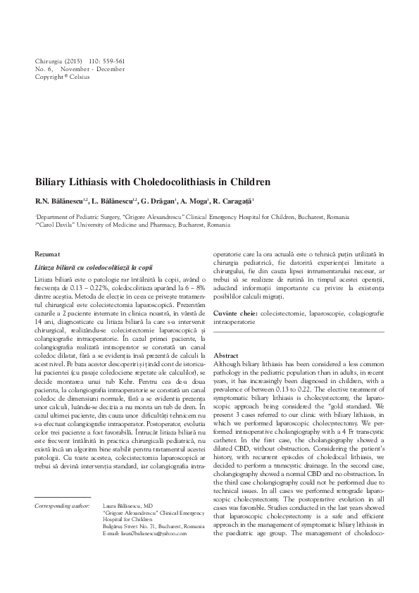 (PDF) Biliary Lithiasis with Choledocolithiasis in Children